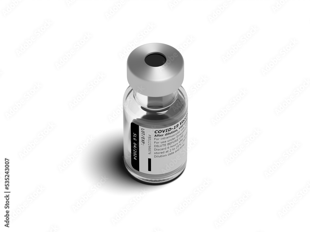 Isometric view of a labelled vial with a generic Covid-19 vaccine ...