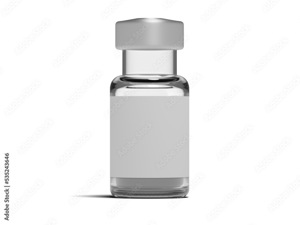 Frontal view of a labelled vial with a liquid. Blank label. Isolated ...