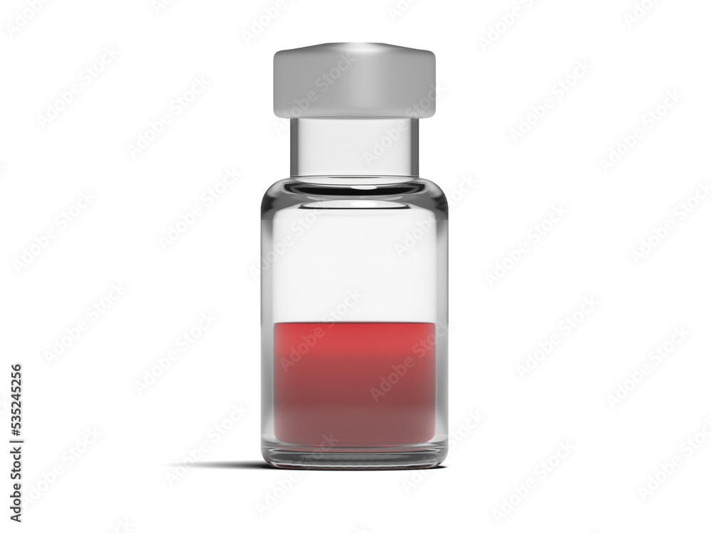 Frontal view of a vial with a red liquid vaccine. Isolated. No label ...
