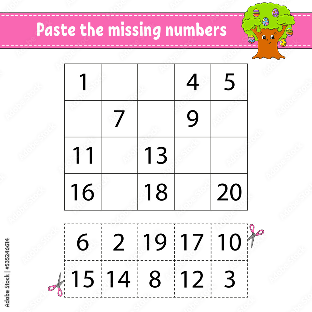 Paste the missing numbers 1-20. Game for children. Handwriting practice ...