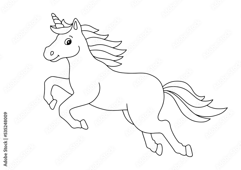 Fairytale jumping unicorn. Coloring book page for kids. Cartoon style ...