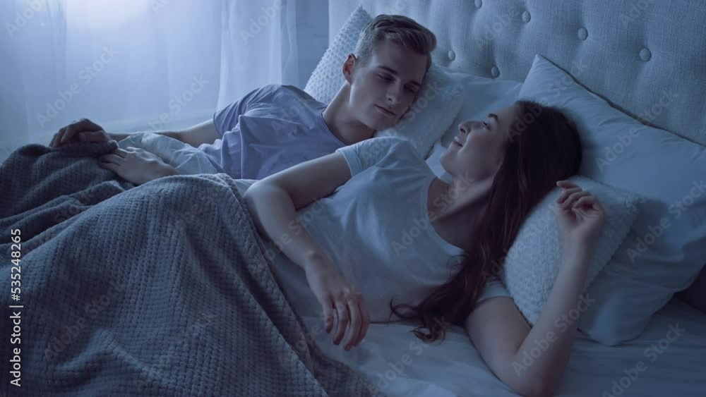 Couple Sleeping in Bed Cuddle at Night. Man Hugging Girl. Couple in Bed ...