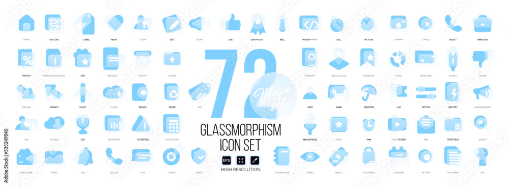 Mega set of vector icons in glass morphism modern trendy style. Blue ...