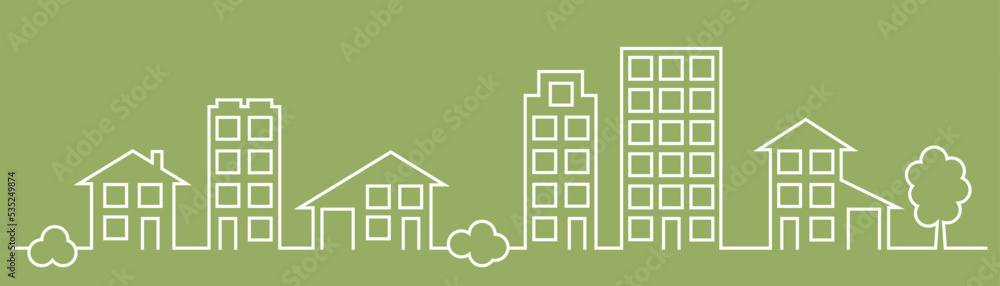 City street line art, town panorama vector illustration. Small and big ...