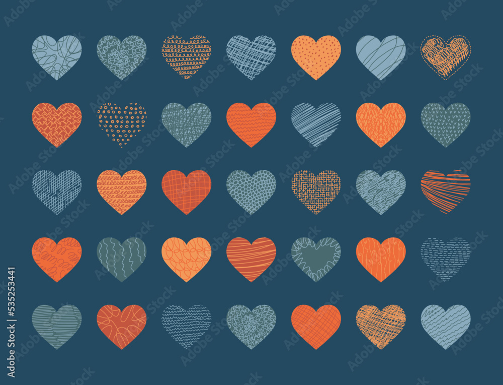 Vector set of hearts with texture. Patterns of hand drawn curves, lines ...
