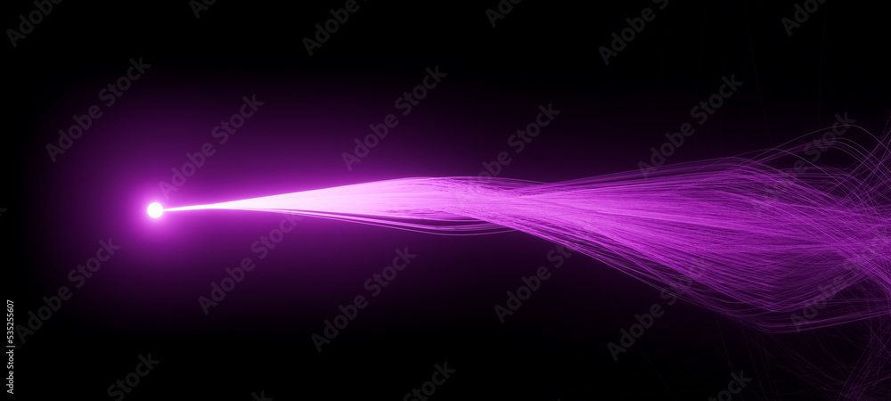 Abstract 3D illustration of purple glowing orb with long curly waving ...