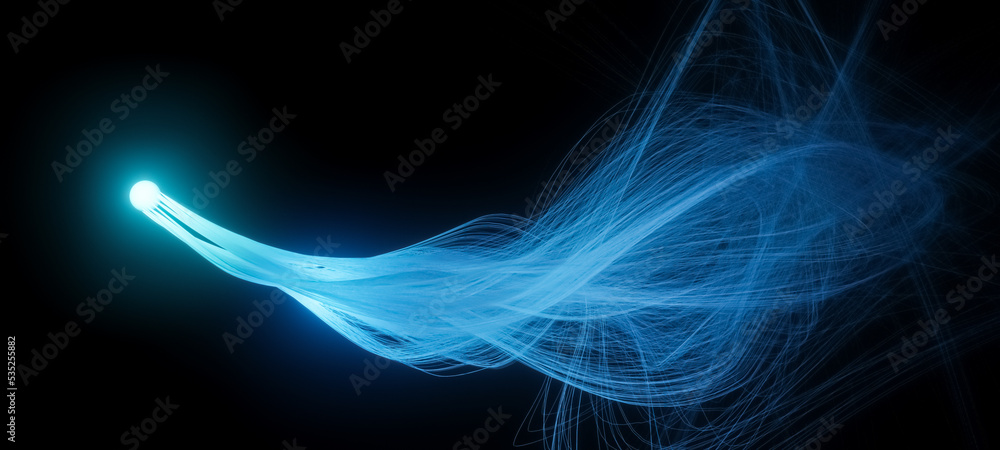 Abstract 3D illustration of glowing blue orb with long curly waving ...
