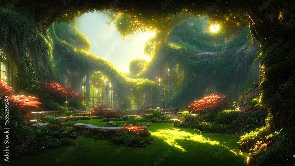 Garden of Eden, exotic fairytale fantasy forest, Green oasis. Unreal fantasy landscape with ...