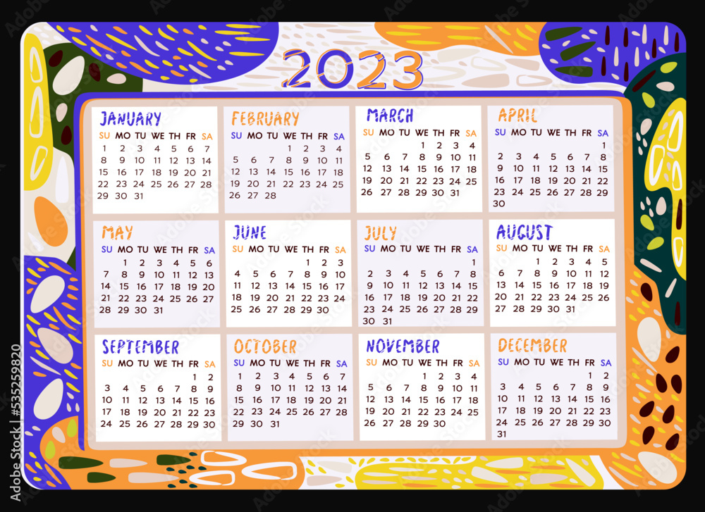 Calendar 2023. Calendar 2023. Colorful monthly calendar with abstract ...