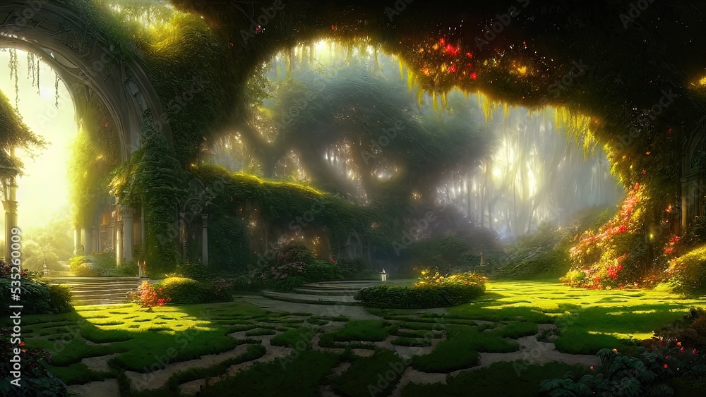 Garden of Eden, exotic fairytale fantasy forest, Green oasis. Unreal fantasy landscape with ...