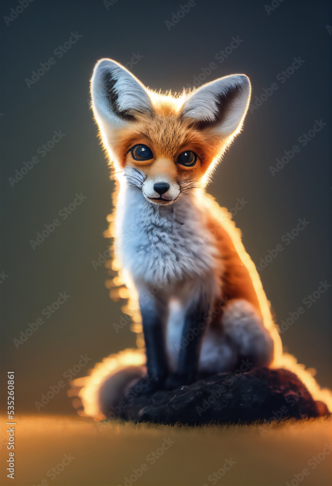 Cute baby of fox sitting on stone. Red fox portrait. Adorable furry fox ...