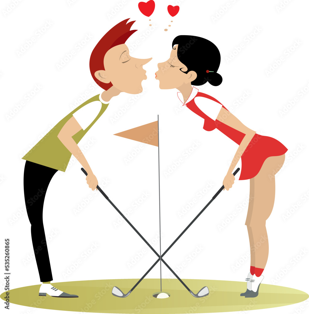 Golf course. Man and woman falling in love and kissing. Love couple kissing on the golf course ...