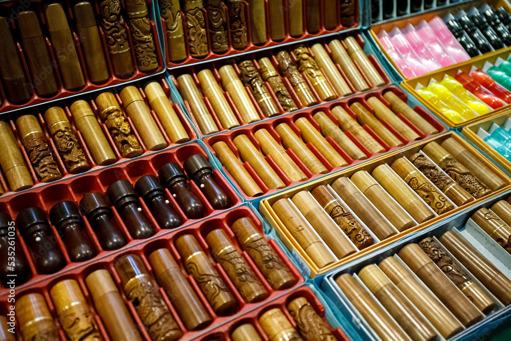 Showcase of dojang (traditional Korean stamps with owner's official ...