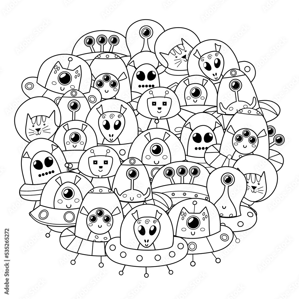 Doodle aliens circle shape pattern. Space black and white print for ...