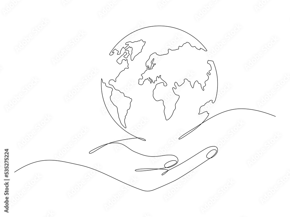 Human Hand Holding Earth Globe Continuous Line Art Drawing Save Of