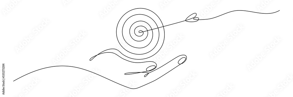 Human hand holding target with arrow continuous line drawing. Hand ...