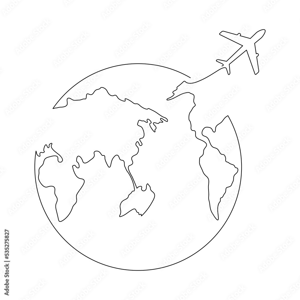 World map with flying airplane one line art. Continuous Earth doodle ...