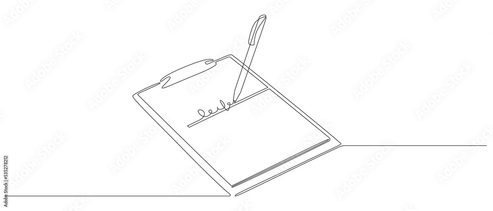 Clipboard with checklist and pen in one continuous line drawing ...