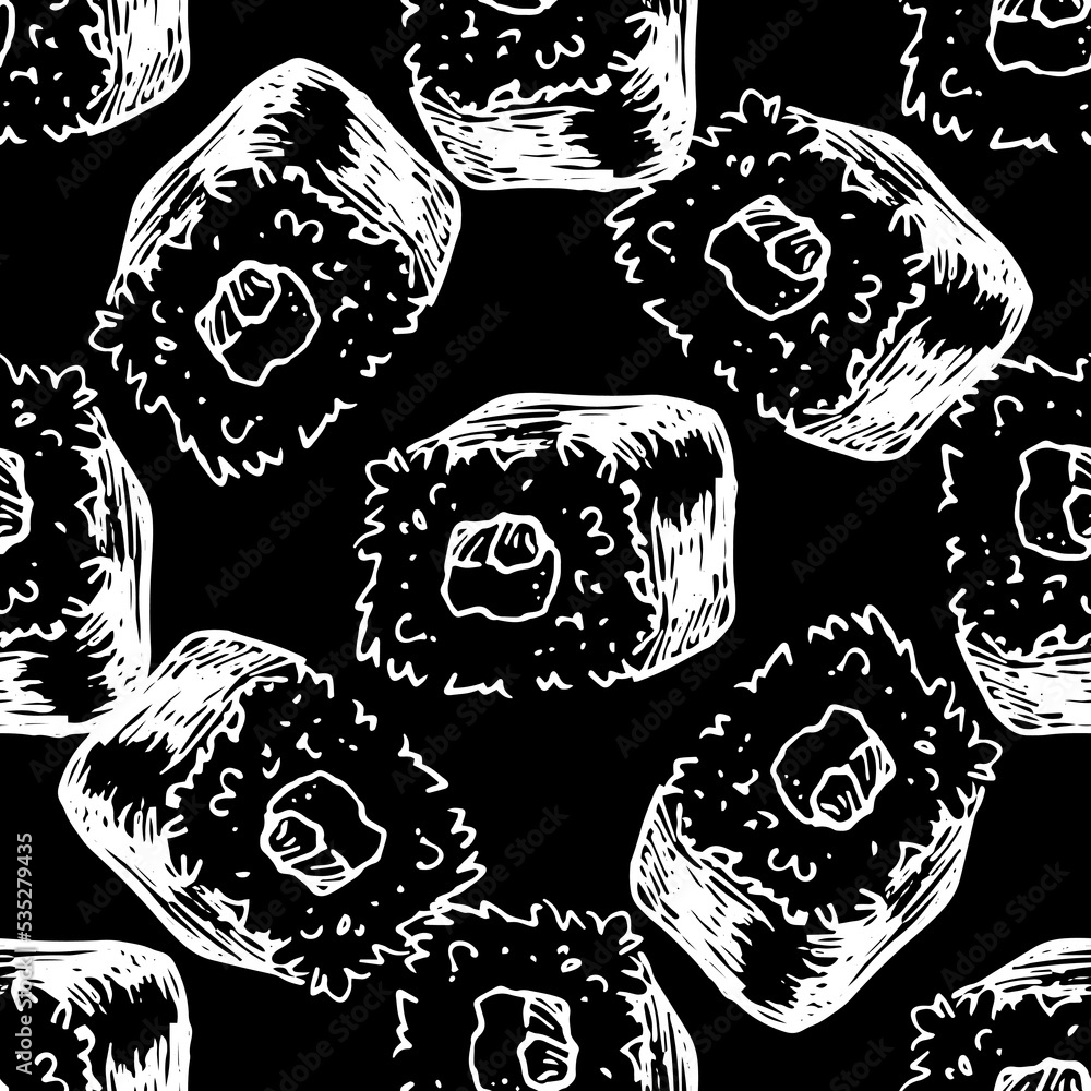 seamless sushi roll pattern. Hand-drawn geometric pattern of sushi roll ...