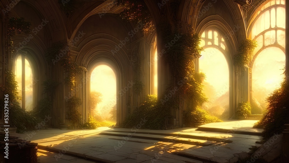 Large panoramic arched windows. Fantasy interior of the palace with ...