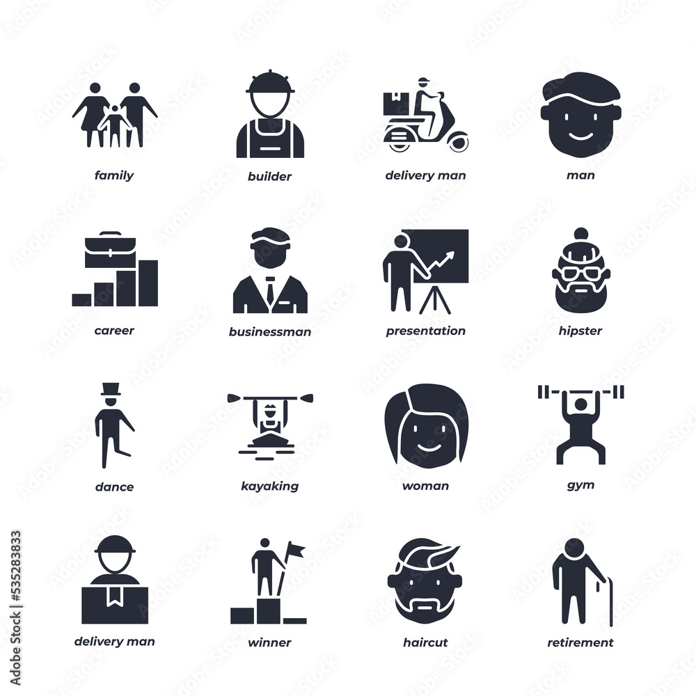 people vector icons set, modern solid symbol collection, filled style ...