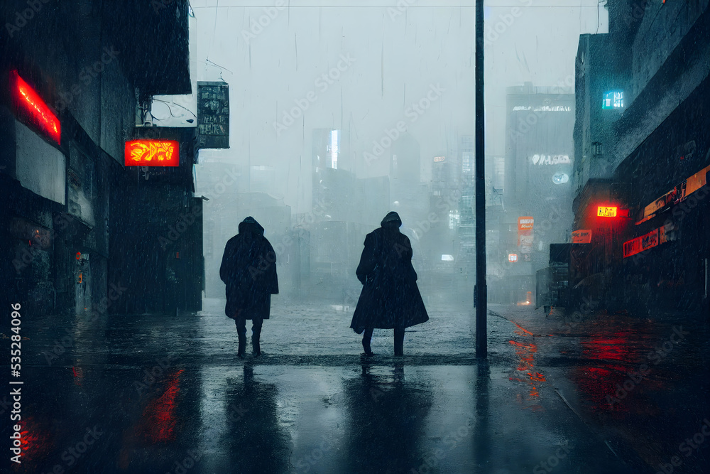 Two hooded man walking in futuristic city. Rainy cityscape. Cyberpunk ...