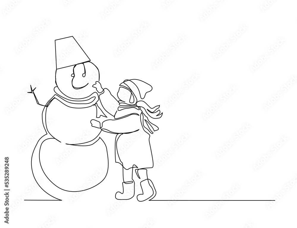 Continuous one line drawing of Kid and snowman. Winter snowman wearing ...