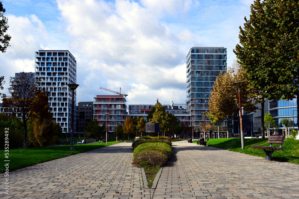 landscaped public park. concrete interlocking paved sidewalk. Y split ...