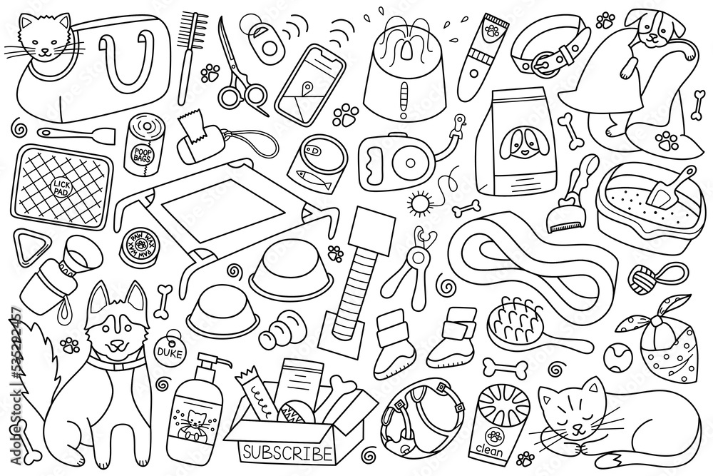 Pet care products collection, dog and cat characters, pet shop doodle ...