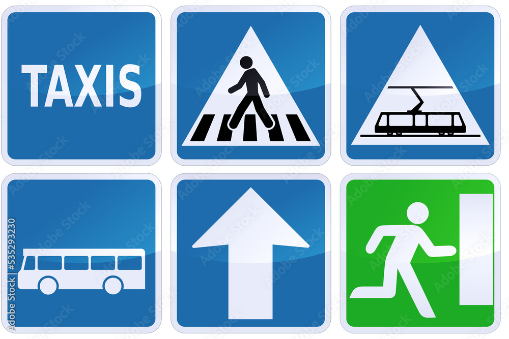 Collection of square metallic road information signs informing of a ...