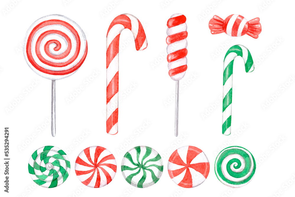 Watercolor candy set with lollipops and canes. Watercolor illustration ...