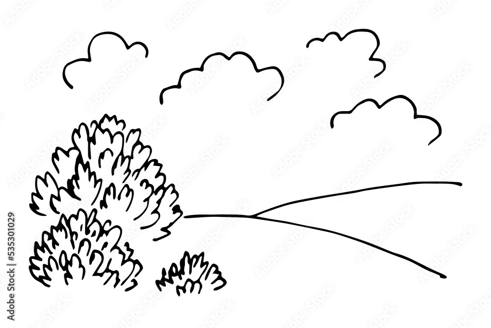 Simple black outline vector drawing. Nature, landscape. Trees and ...