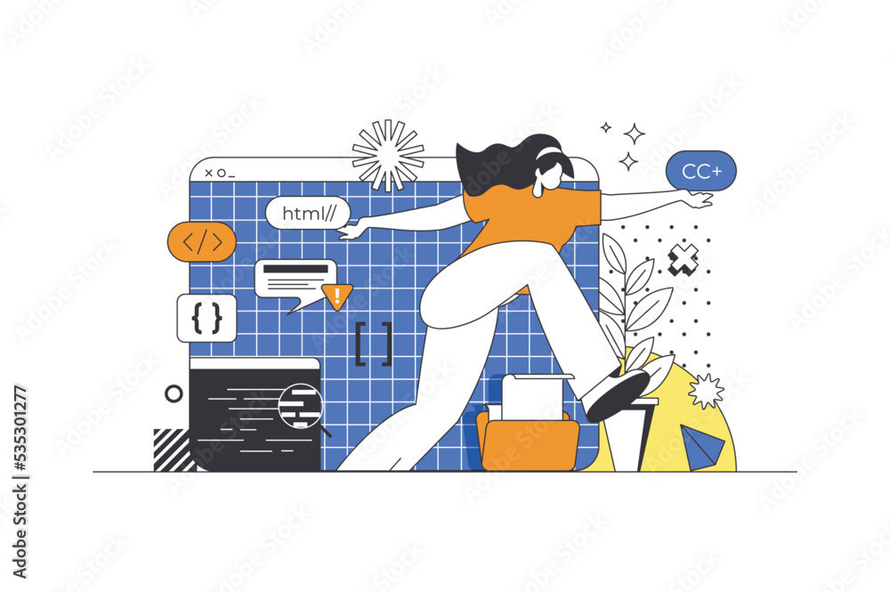 Vetor de Programming software web concept in flat outline design with ...