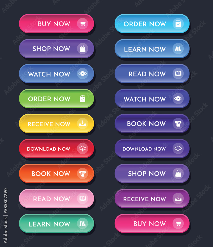Web buttons pack in colors for different purposes, 3d buttons, vector ...
