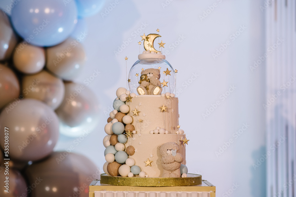 Cake on a background blue, gold, brown balloons for birthday party. Baby shower. Trendy Cake ...