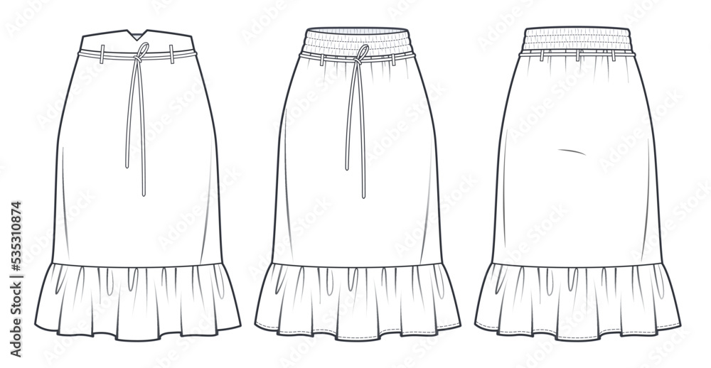 Vektorová grafika „Ruffled midi Skirts technical fashion illustration ...