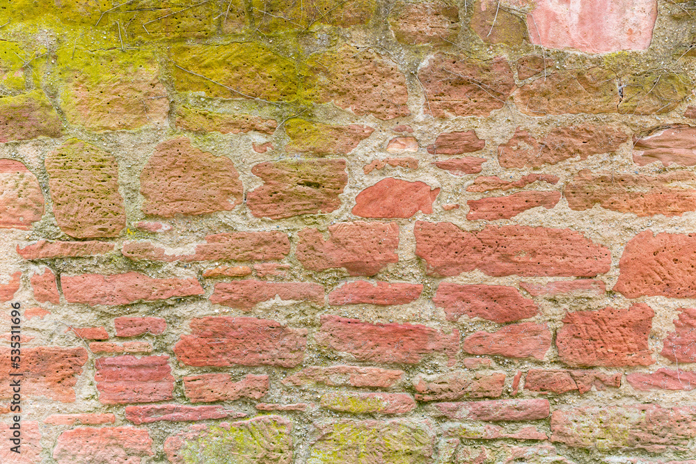 Mit Moos und Wurzeln bedeckte Mauer oder Wand mit roten Steinen aus dem ...