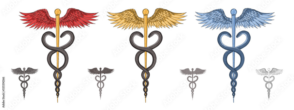 Caduceus sign. Medical icons isolated. Hand drawn vector illustration ...