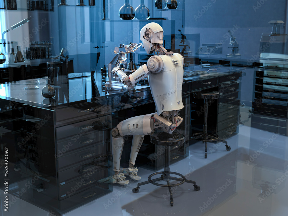 Humanoid robot working in a diagnostic laboratory Stock Illustration ...