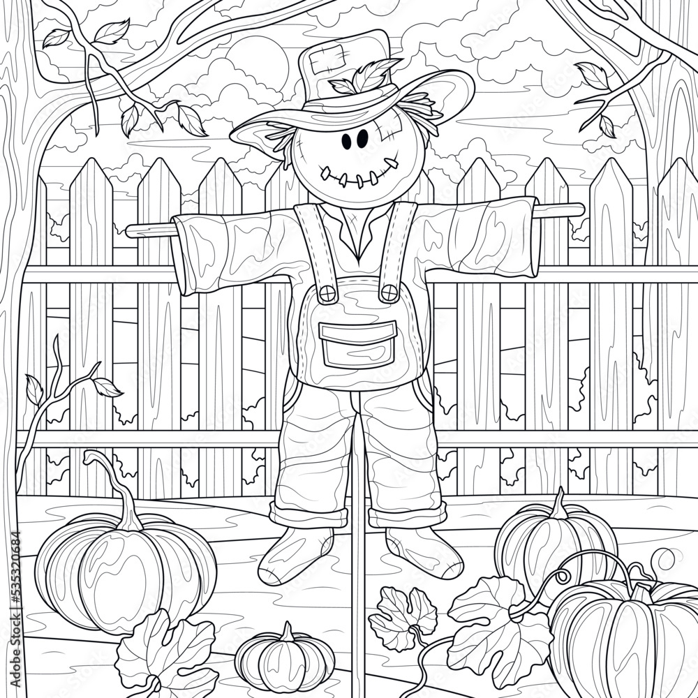 Scarecrow and pumpkins in the garden.Coloring book antistress for ...