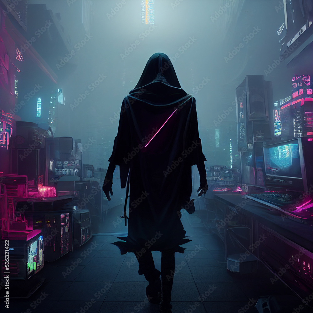 cyberpunk Dark hooded character in foggy hacker place, neural network ...