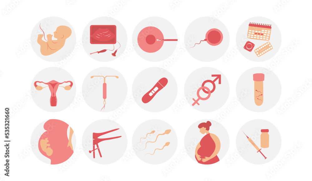 Woman fertility icon set. Obstetrics signs collection. Pregnancy ...