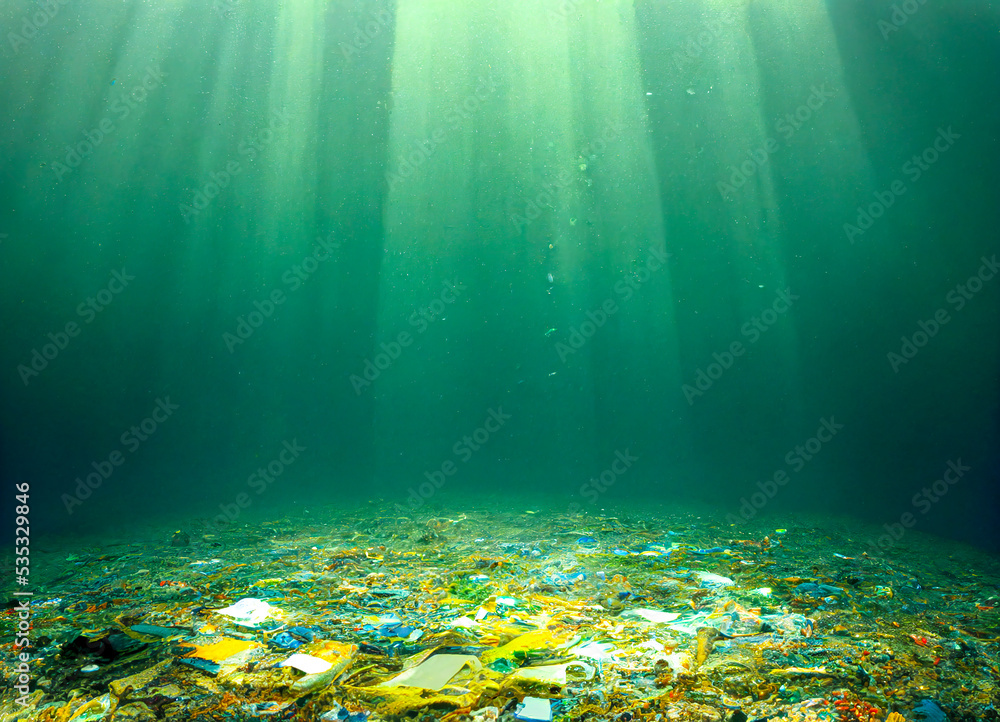 Plastic waste in sea water. Pollution in ocean. Illustration of ...