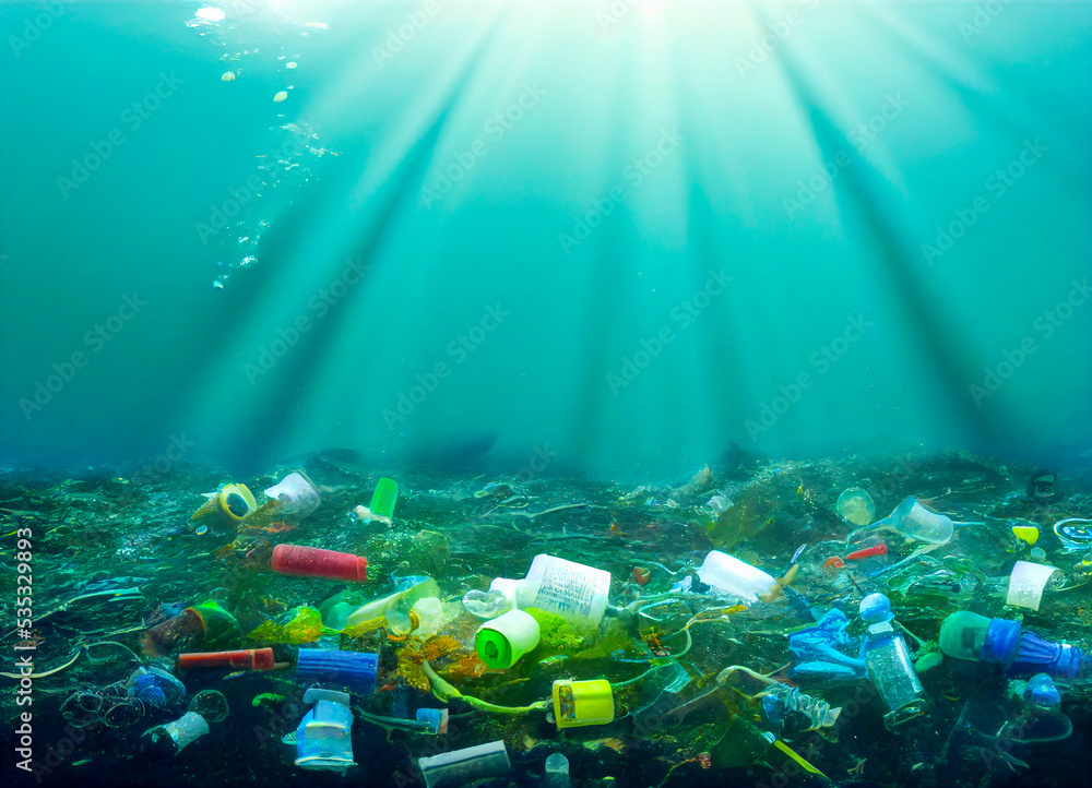 Plastic waste in sea water. Pollution in ocean. Illustration of ...