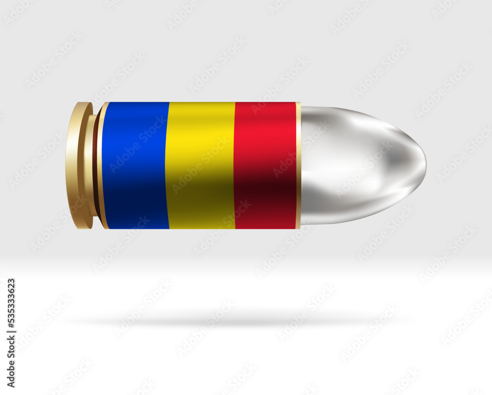 Romania flag on bullet. A bullet danger moving through the air. Flag ...