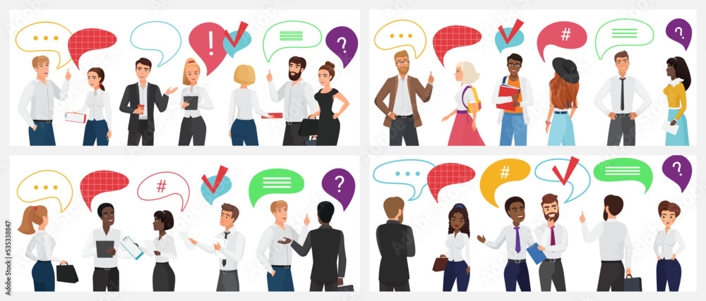 People with speech bubbles vector illustration. Cartoon isolated man ...
