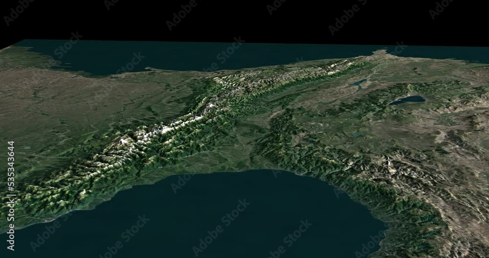 Caucasus west to east map with 3d relief 4K satellite ground low height ...