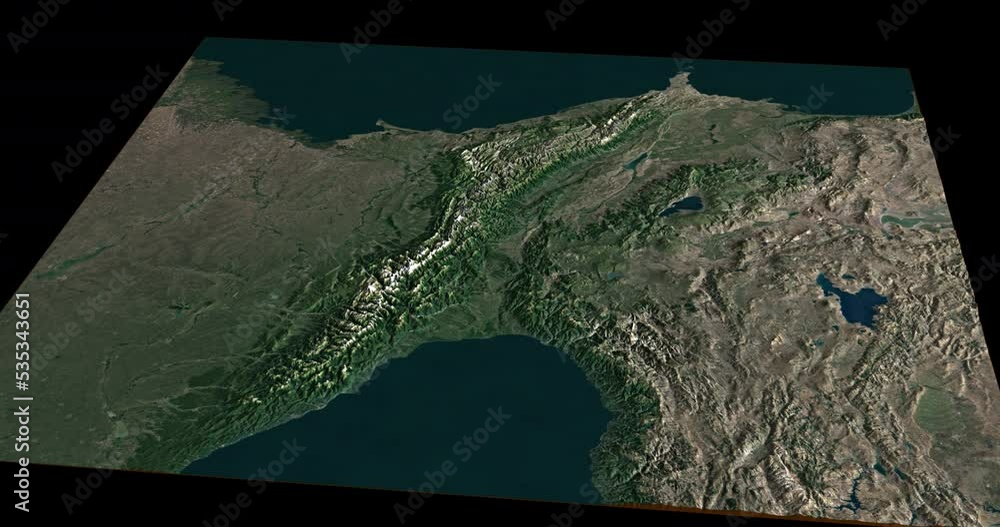 Caucasus west to east map with 3d relief 4K satellite ground height ...