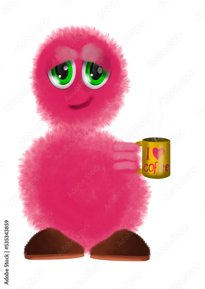 Coffee monster, handmade illustration of a furry character with a ...