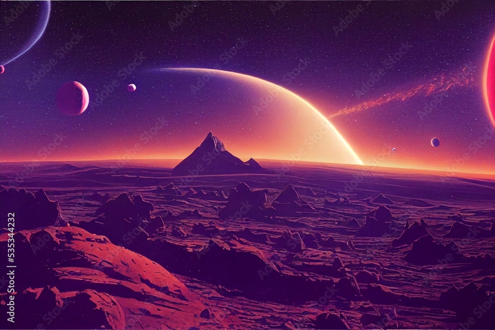 Mars purple space landscape with large planets on purple starry sky ...
